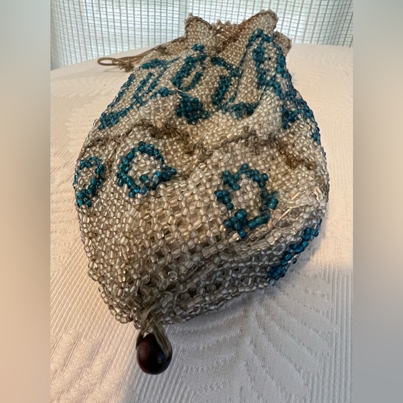 Bags | Antique Vintage Blue Cream Art Deco Pull String Purse Bag | Poshmark